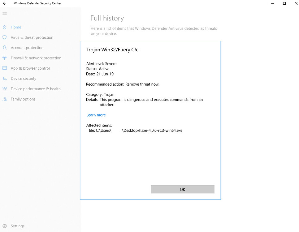 Windows Defender Alerting About Haxe 400 Rc3 Win64exe That It Contains A Trojan Haxe 